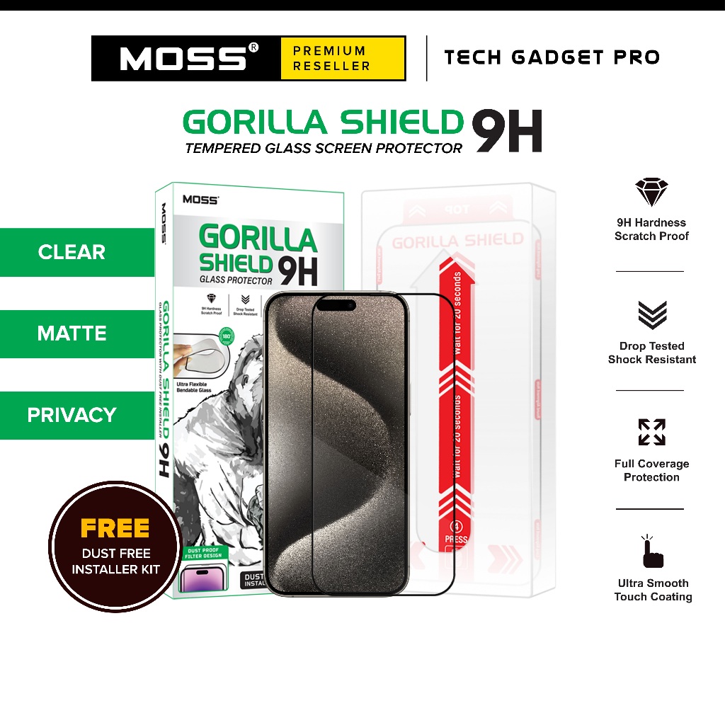 MOSS Gorilla Shield 9H Full Cover Tempered Glass - iPhone 16 15 14 Plus ...