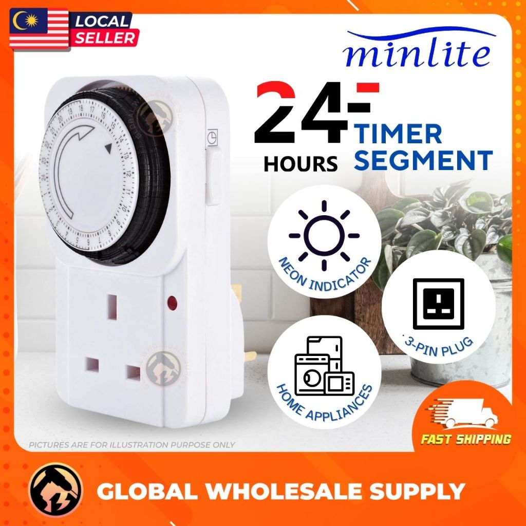 MINLITE 1120-L0 24Hour Segment Timer Switch PlugIn Timer Switch Analog with Light Indicator MAX ...