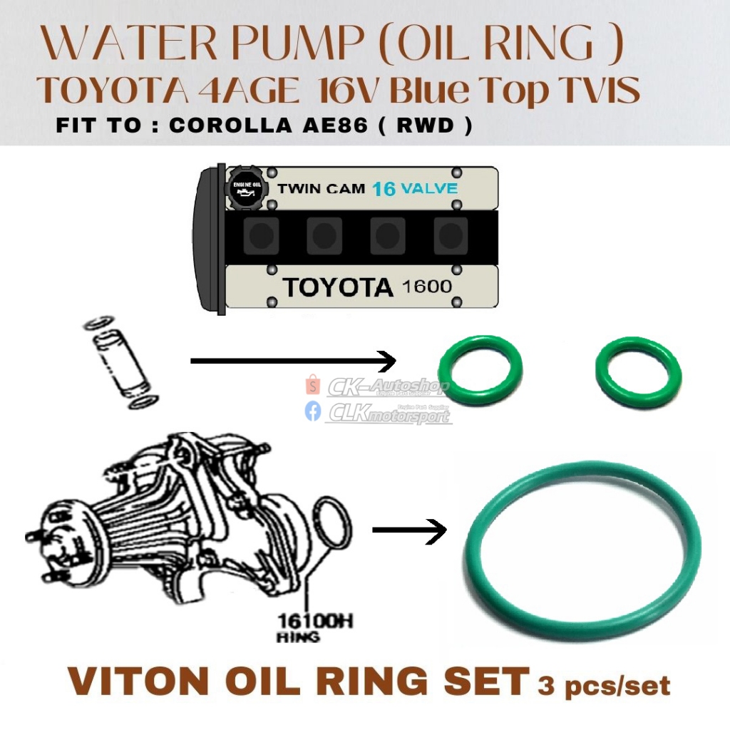 Toyota 4AGE 16V TVIS Blue Top Water pump Viton Oil Ring set for Corolla ...
