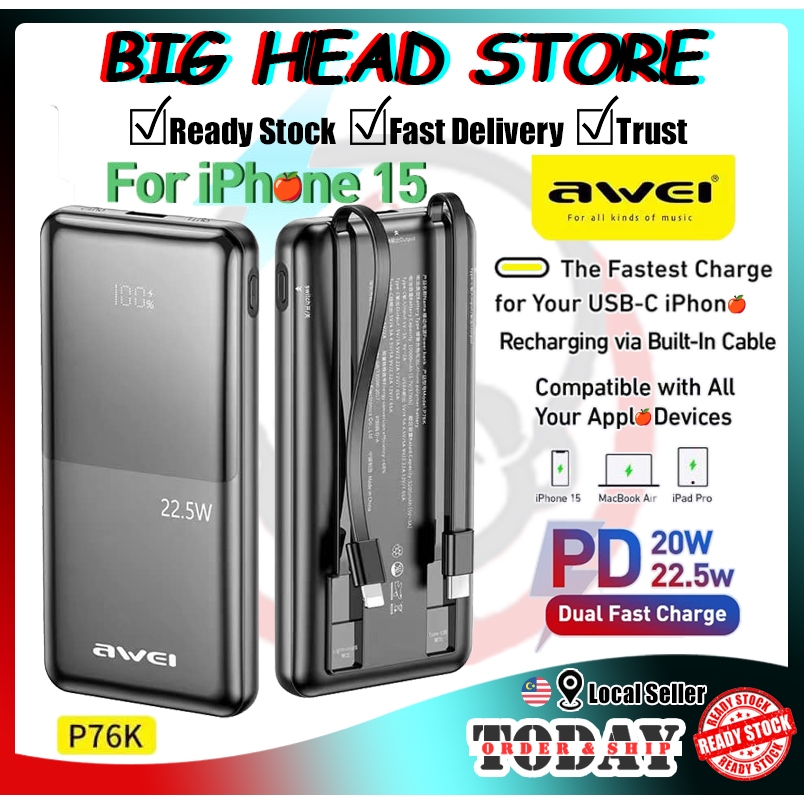 AWEI 20000 10000 mah 4 in 1 Power Bank 22.5w 20W Type-C PD Super Fast ...