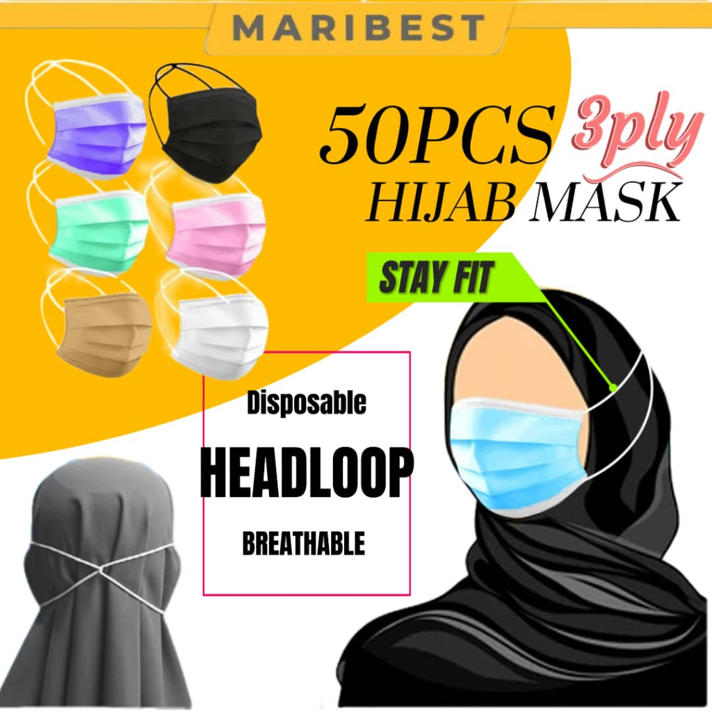50Pcs Adult Hijab Face Mask Headloop Tudung 3 Ply Disposable Mask Murah ...