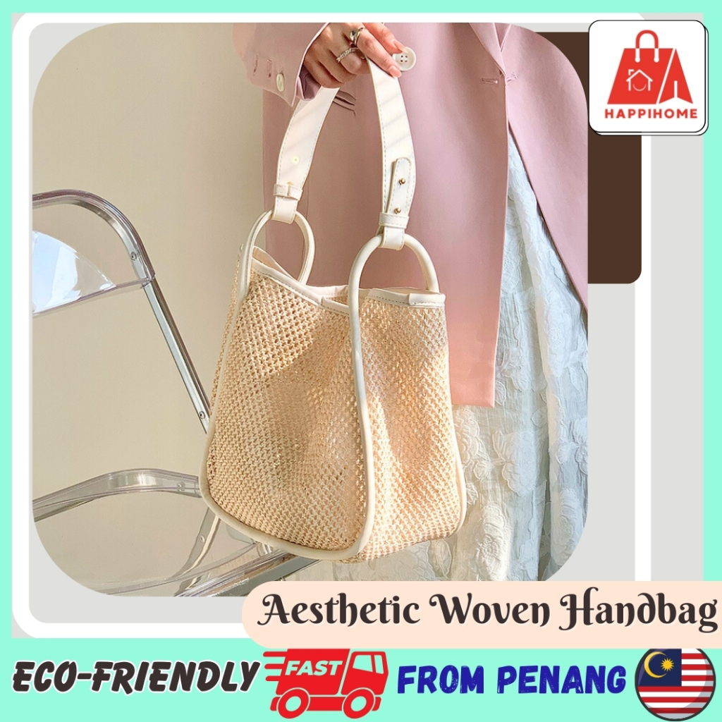 Woven Rattan Straw Shoulder Tote Bag Beg Rotan Woman Anyaman Beach ...