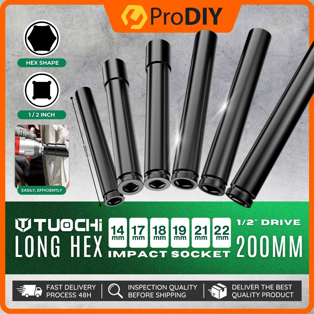 TUOCHI 200MM Long Hex Impact Socket 1/2" Drive ( 14 - 22MM ) Chrome ...