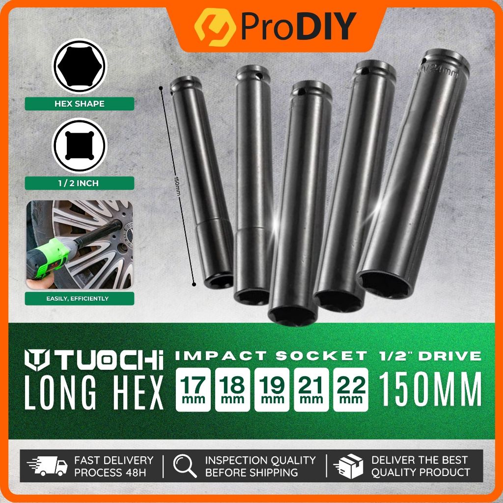 TUOCHI 150MM Long Hex Impact Socket 1/2" Drive ( 17 - 22MM ) Chrome ...