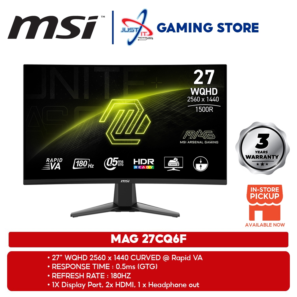MSI MAG 27CQ6PF 27" CURVE MONITOR (27" RAPID VA QHD / 180Hz / 0.5Ms / AMD FreeSync / HD MI + DP ...
