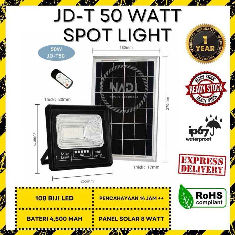 JD T-SERIES 50 WATT LED SOLAR FLOOD/ SPOT LIGHT 50W / LAMPU SOLAR ...