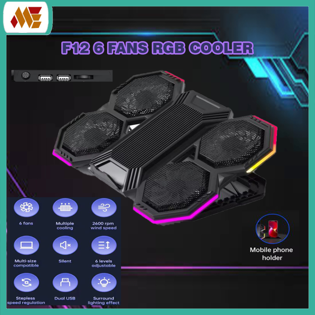 F12 Notebook RGB Cooler Pad 6 Cooling Fans Gaming Laptop Cooler Stand ...