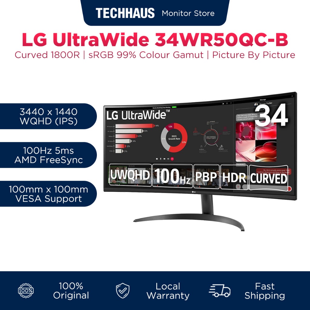 LG UltraWide 34WR50QC-B 34" QHD VA 100Hz FreeSync Curved Monitor | sRGB ...