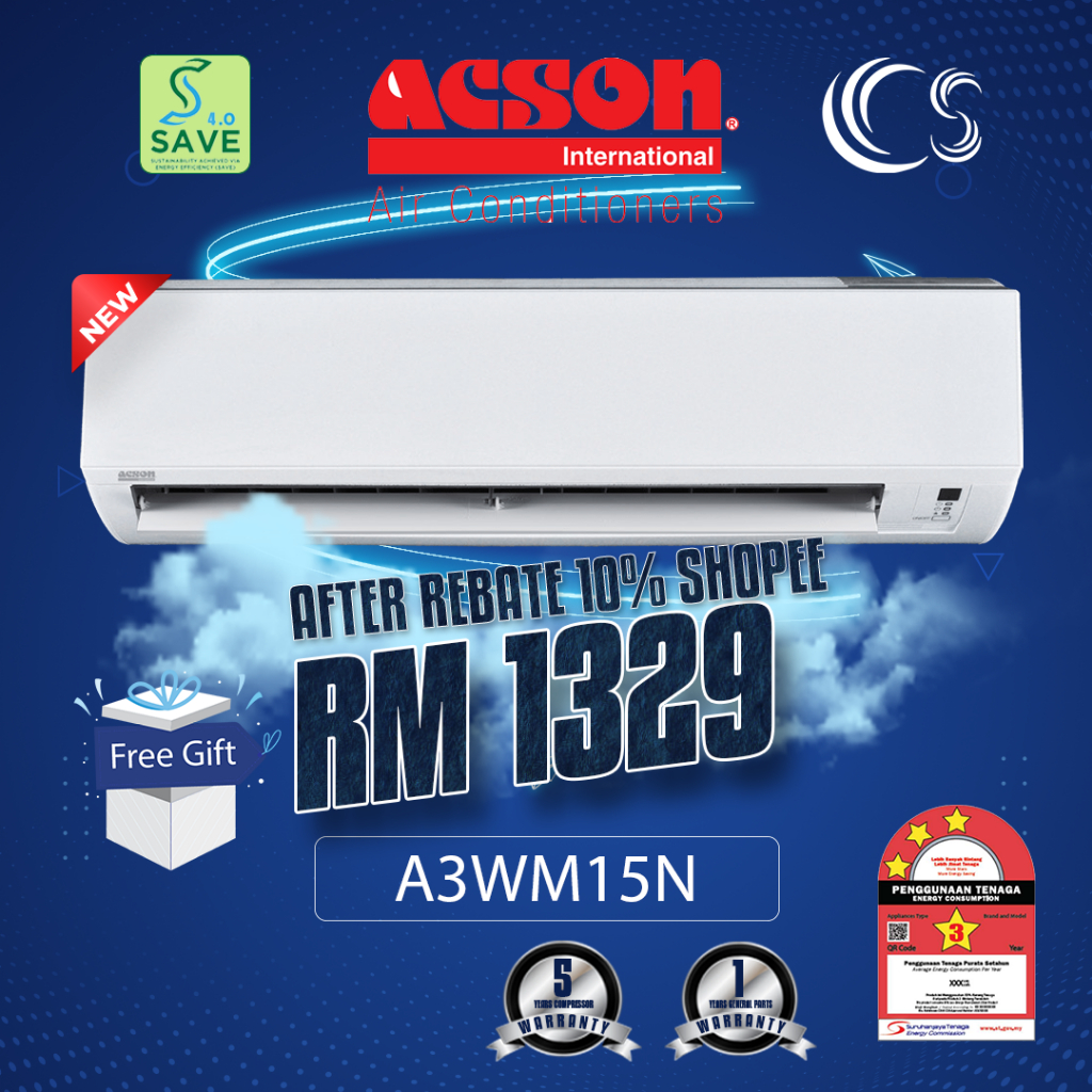 ACSON aircond NON INVERTER R32 1.0HP-2.5HP A3WM10N/A3WN15N/A3WN20N ...
