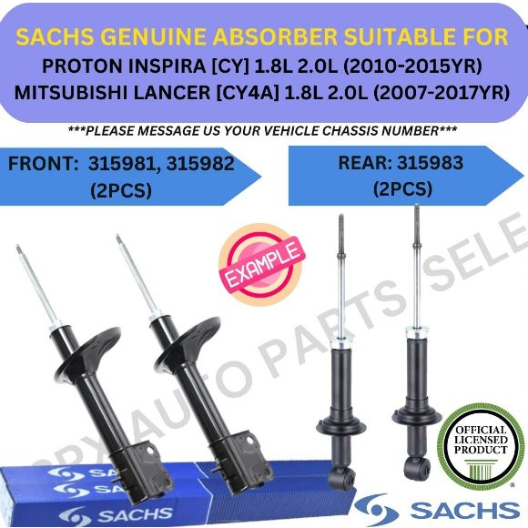 SACHS GENUINE ABSORBER (FRONT, REAR) FOR PROTON INSPIRA [CY] '10-15YR ...
