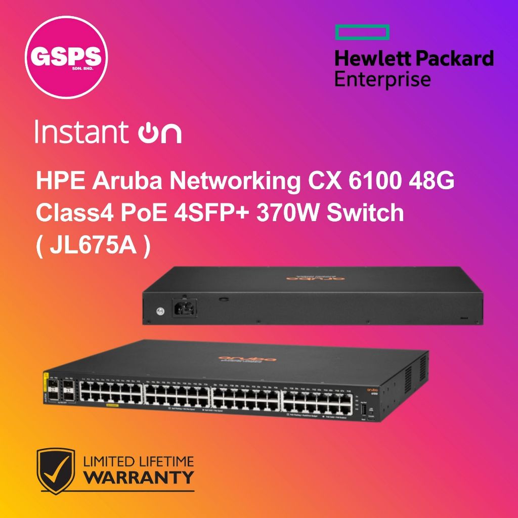 HPE Aruba Networking CX 6100 48G Class4 PoE 4SFP+ 370W Switch ( JL675A ...