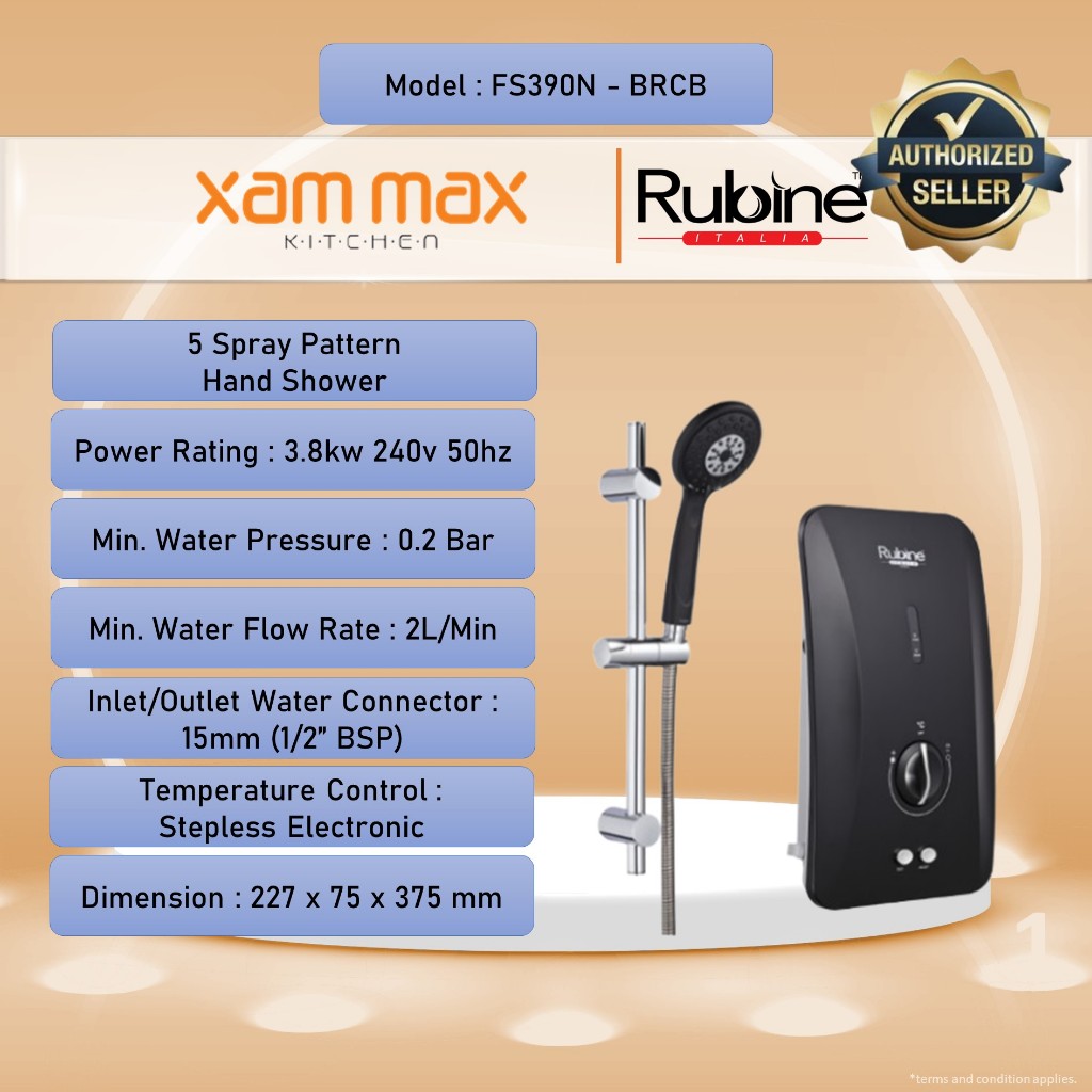 XAMMAX Rubine RWH-FS390N-BRCB Instant Water Heater Non Pump Rainshower ...
