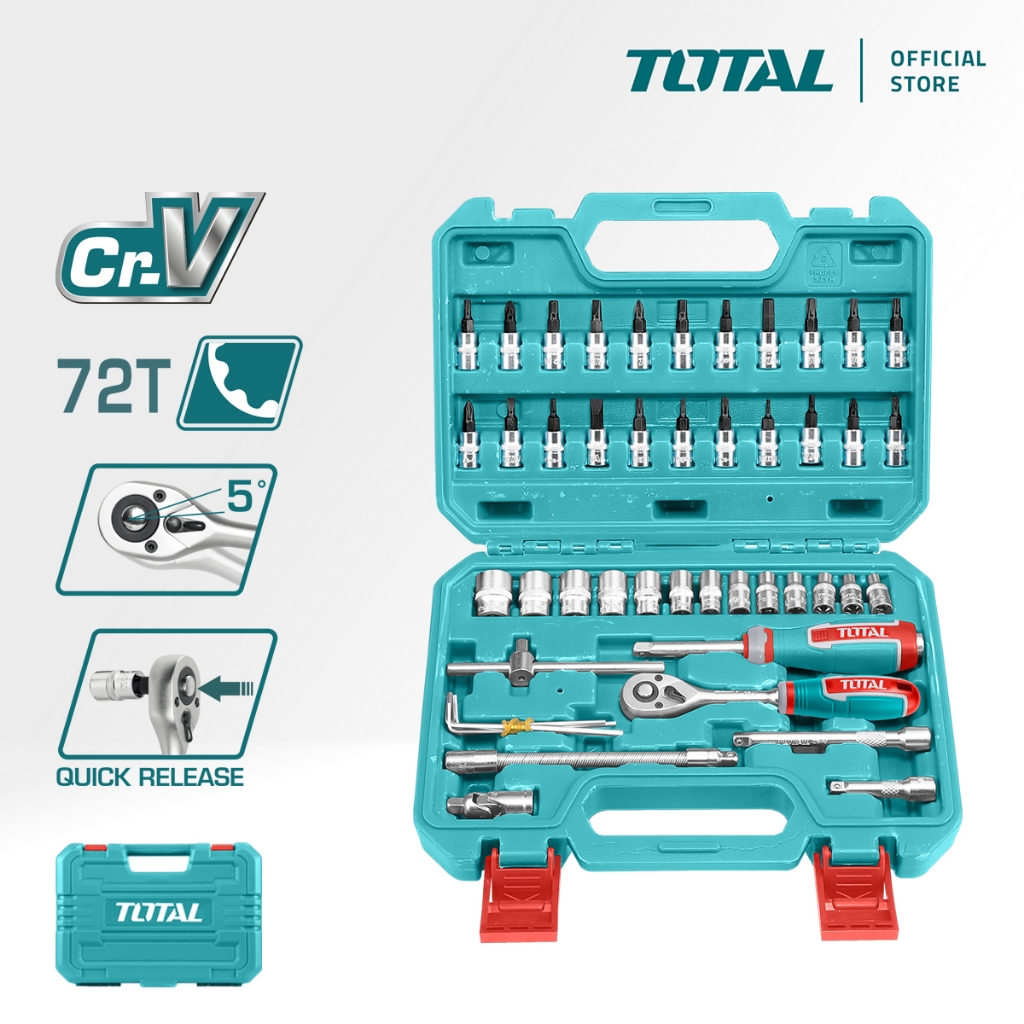 TOTAL Socket Set with Ratchet Wrench 72T + Sockets + Screwdriver Bits ...