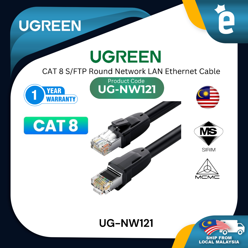 UGREEN NW121 CAT 8 S/FTP ROUND ETHERNET PATCH CABLE GIGABIT RJ45 NETWORK WIRE LAN CABLE , PURE ...