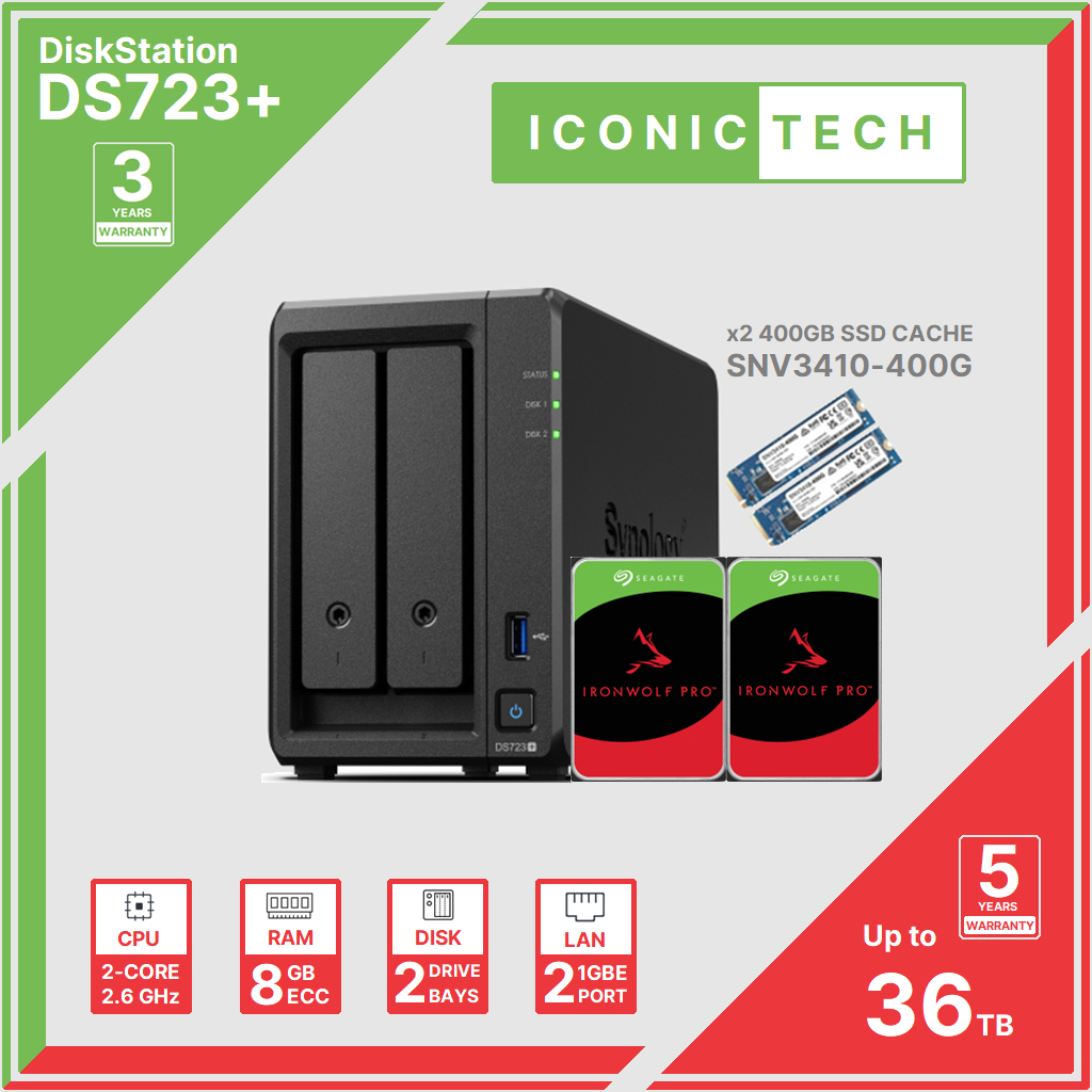 8TB~36TB Synology DS723+ 8GB Memory Module +(x2 SSD Cache) Nas Enclosure Kits / Pre Configured ...