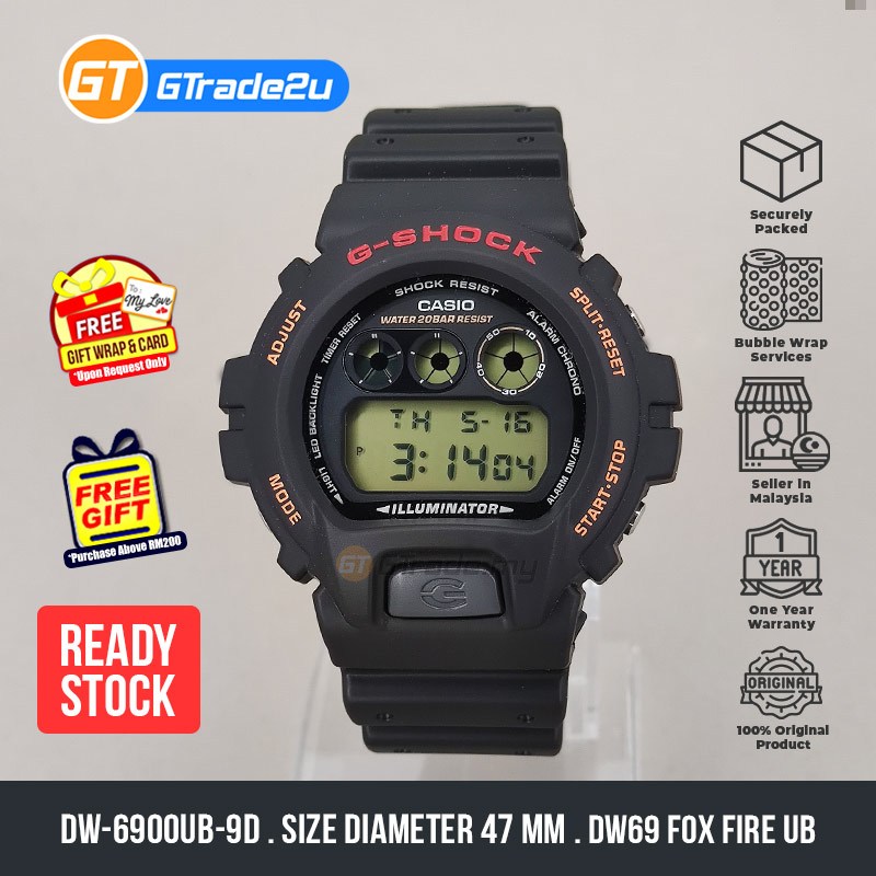 Original G Shock Men DW-6900UB-9D Digital DW69 Fox Fire Watch Black ...