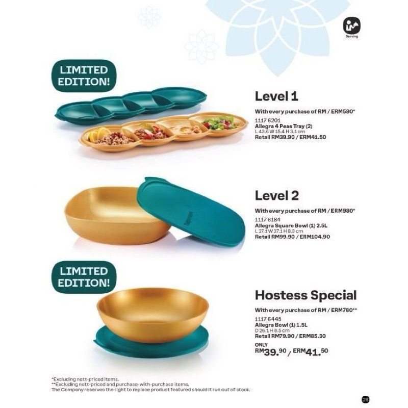 Tupperware Allegra 4 Peas Tray / Square Bowl 2.5L / Allegra Bowl 1.5L ...