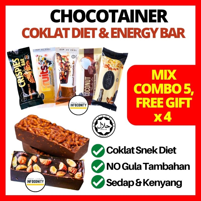 CHOCOTAINER Energy Bar No Sugar Free Dark Chocolate Halal Snek Diet ...