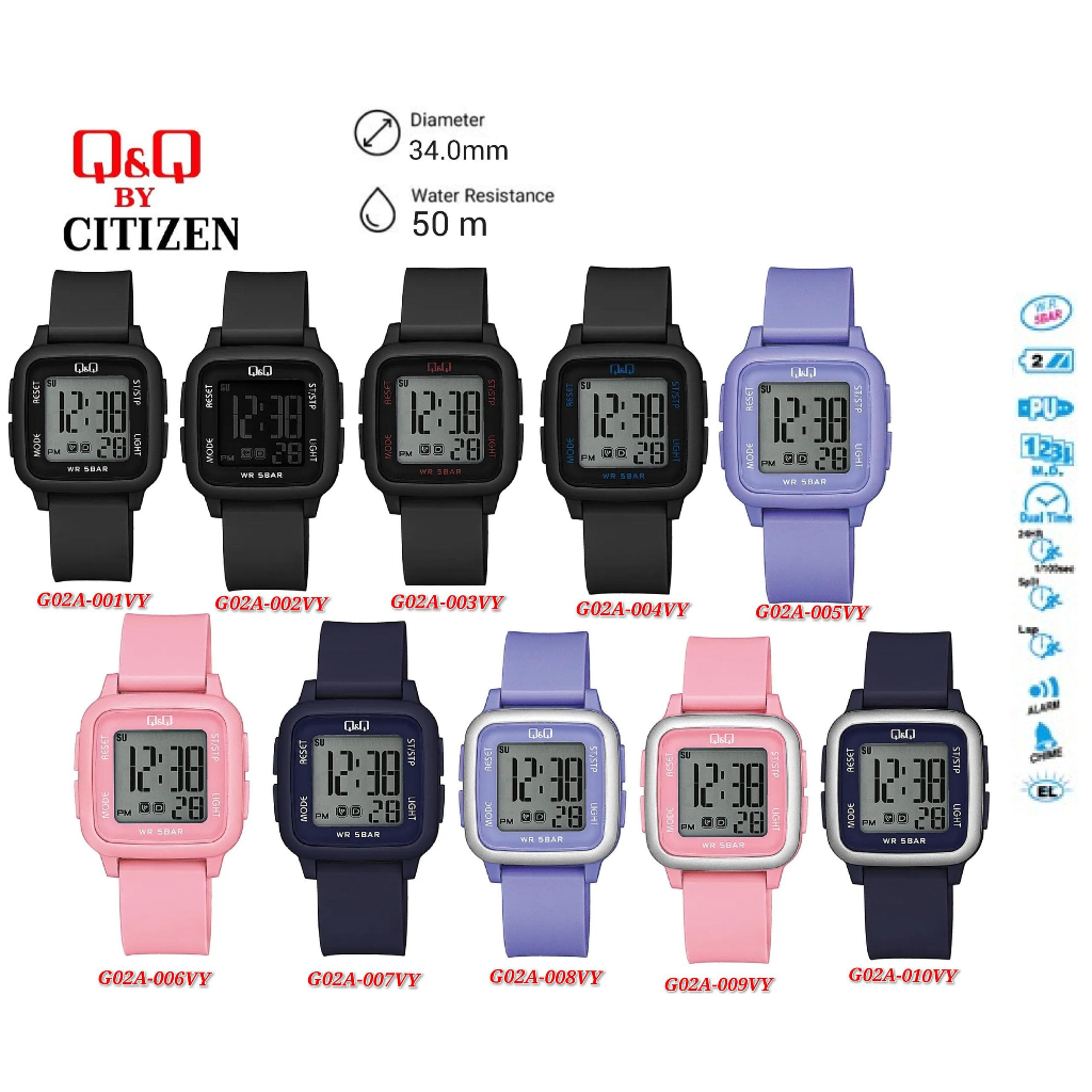 Q&Q By Citizen G02A Unisex Resin Digital Watch With Stopwatch Alarm Calendar | Shopee Malaysia