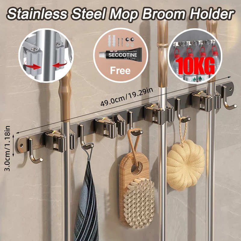 【Ready stock】 Stainless Steel Mop Broom Holder New Mop Holder 6 Hooks 5 ...