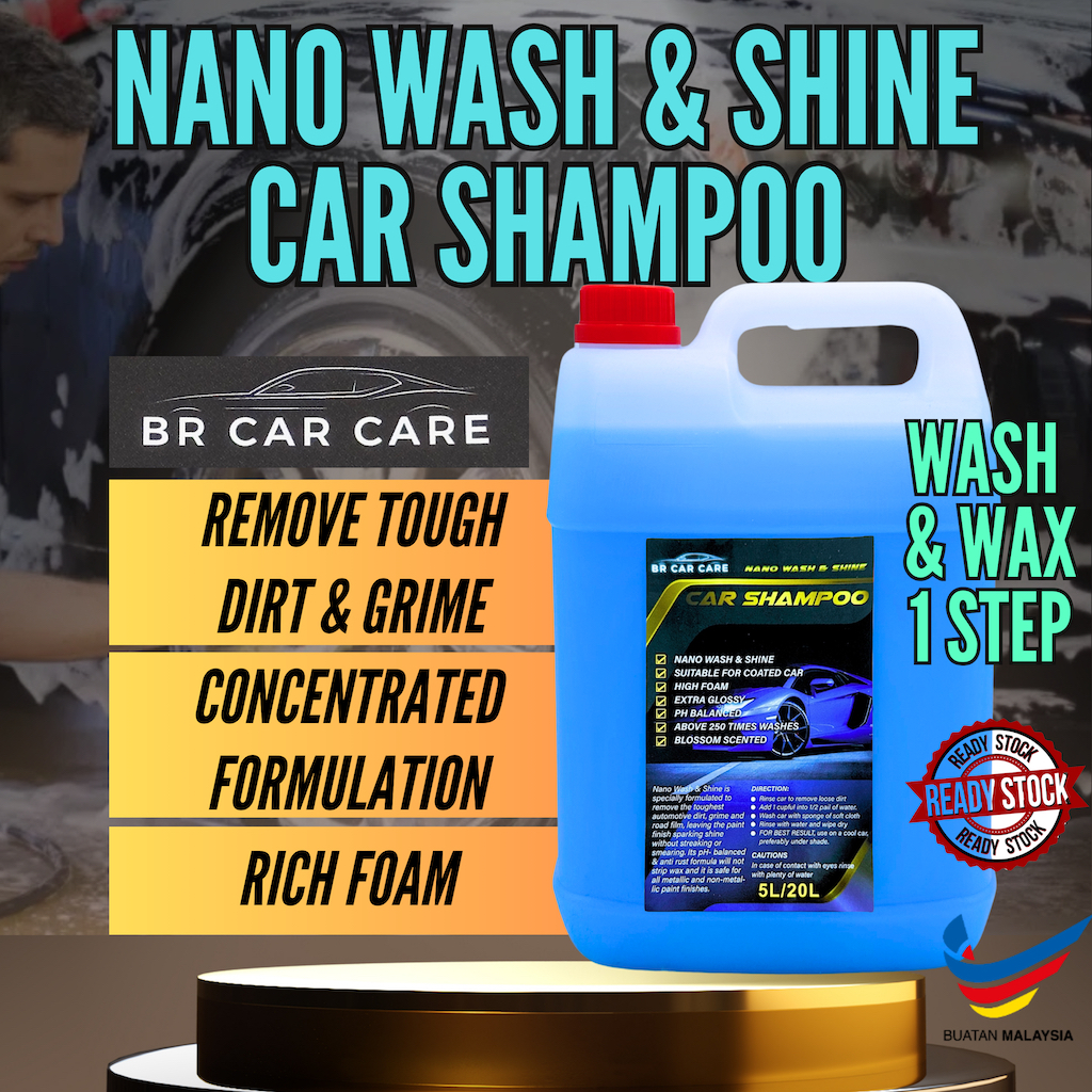 BR Nano Wash & Shine Car Shampoo 5L Easy Wash & Wax In 1 Step Ready ...