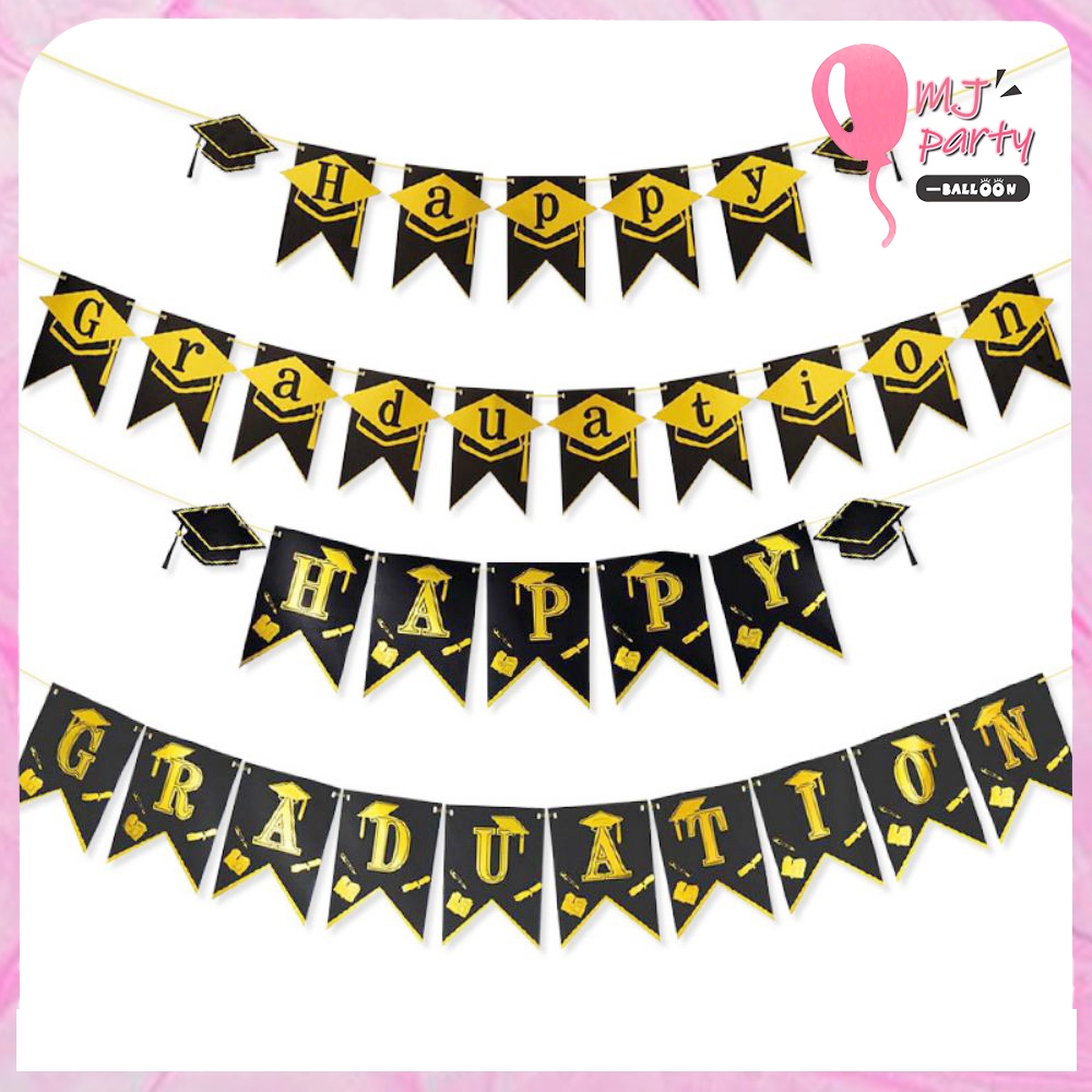 Happy Graduation Bunting 毕业快乐拉旗 Black+Gold Triangle Flag Glitter ...