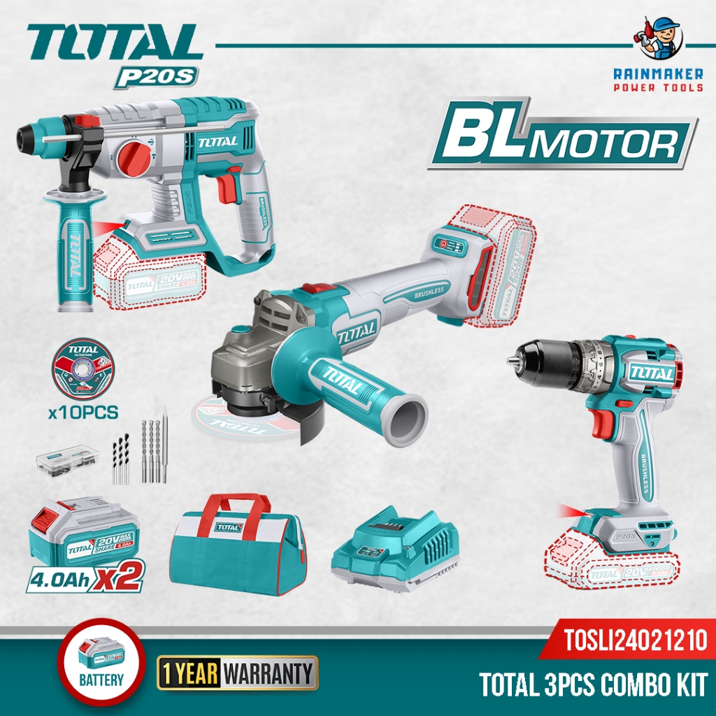 TOTAL Li-ion Combo Kit (3 Pcs, Brushless) Impact Drill+ Angle Grinder+ ...