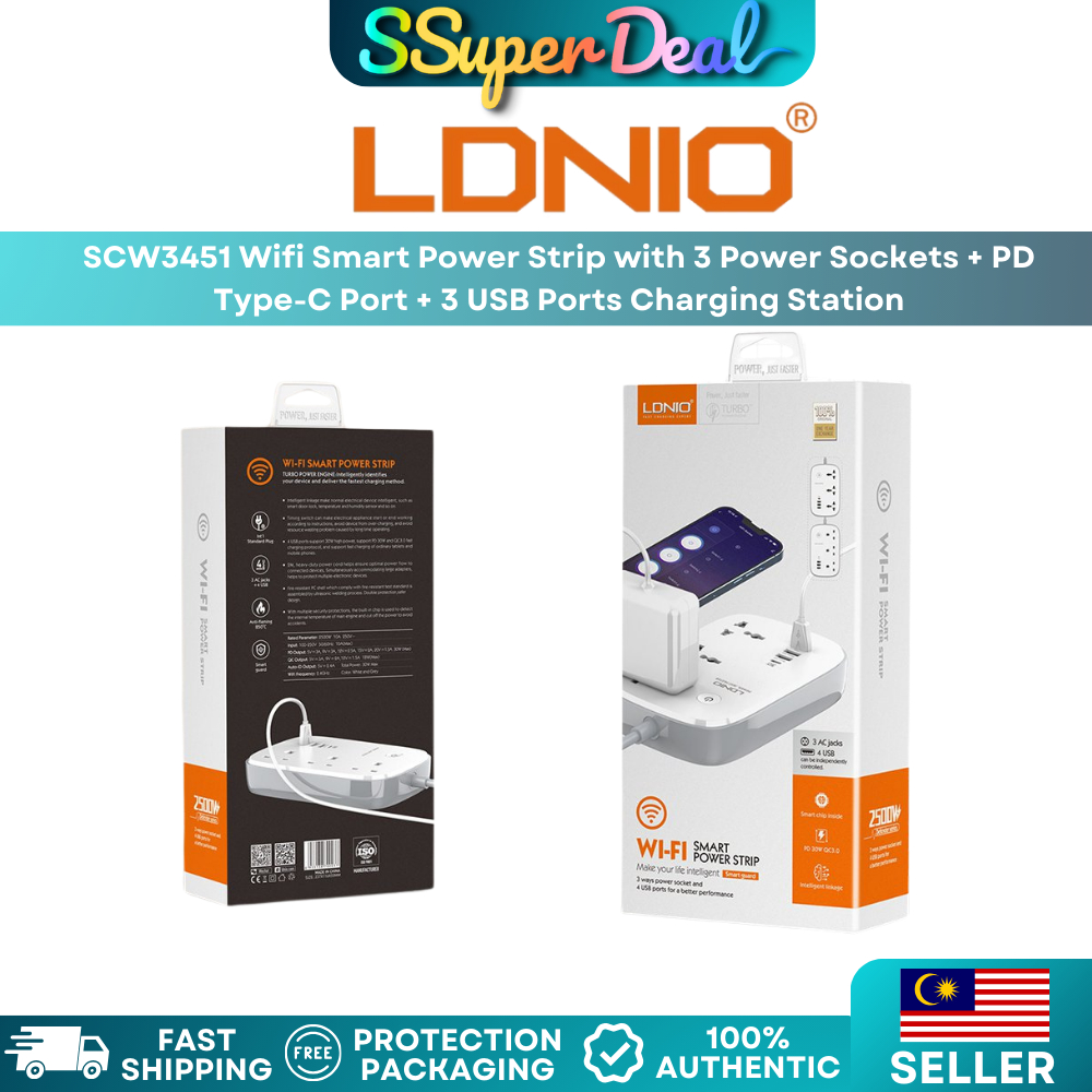 LDNIO SCW3451 Wifi Smart Power Strip with 3 Power Sockets + PD Type-C Port + 3 USB Ports ...