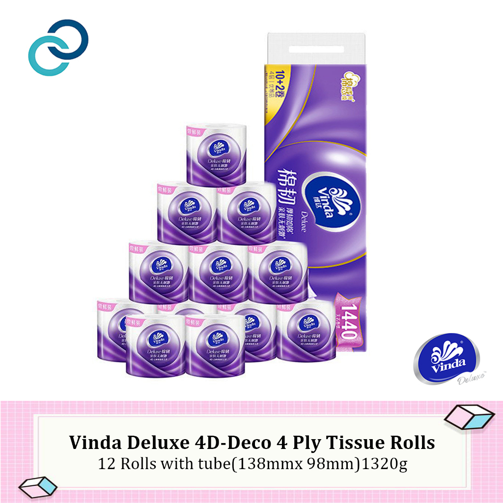 Vinda Deluxe 4D-Deco 4 Ply Tissue Rolls 138mmx 98mm | 12 Rolls / Bag ...