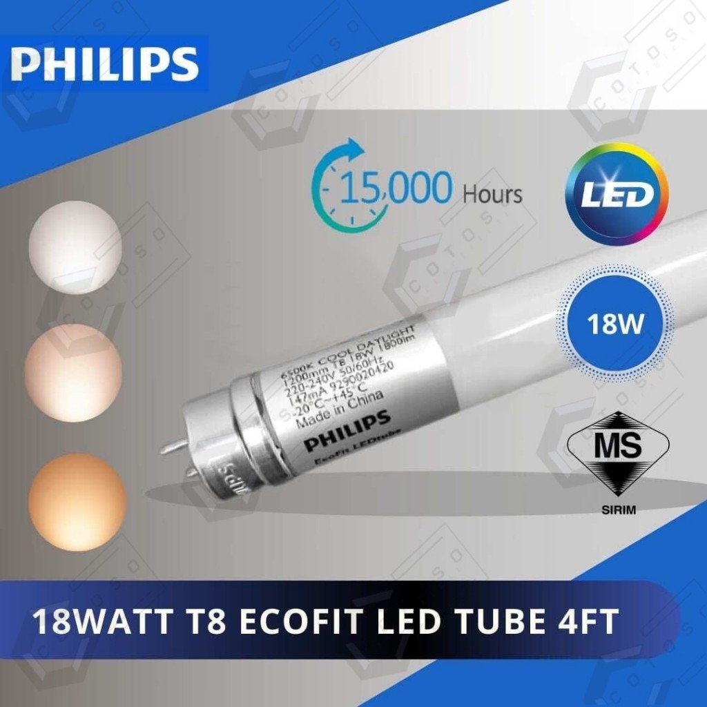 (5Pcs/10Pcs) PHILIPS ECOFIT 20W T8 LED TUBE 1200MM 4FT /4000K/6500K ONE SIDE WIRING SIRIM ...