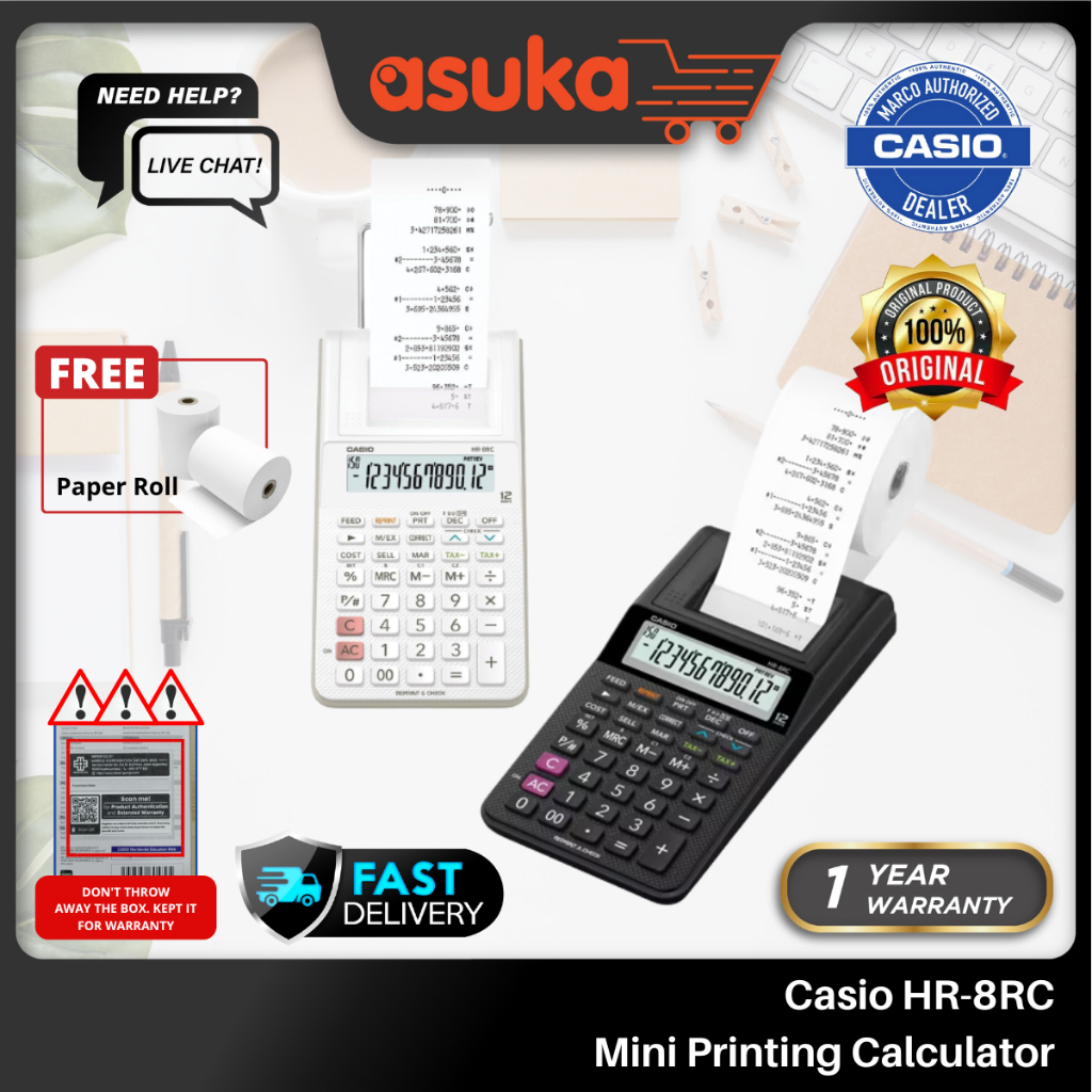 Casio HR-8RC Mini Printing Calculator with 12 Digits (Compact Type ...