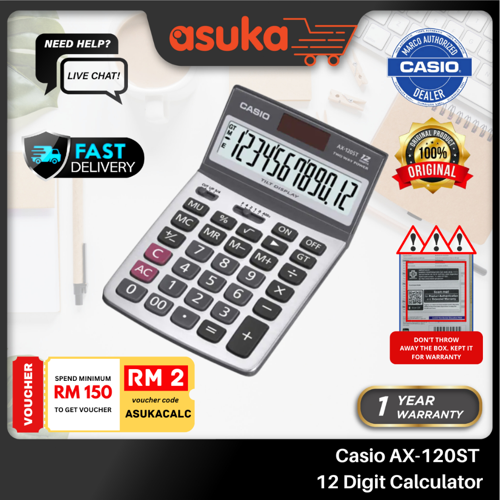[Adjustable Tilt Display] Casio AX-120ST 12 Digit Calculator Original ...