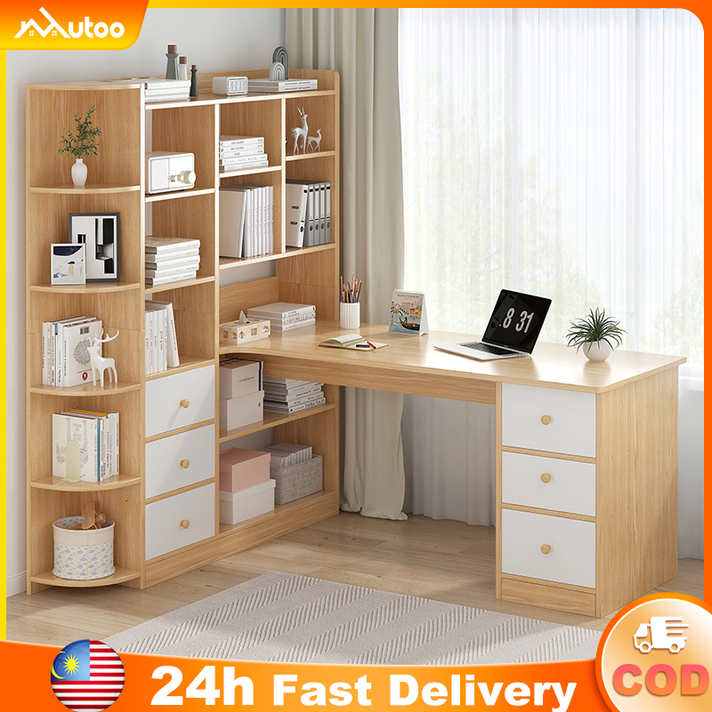 Mt Computer Table with Book Shelf Study Desk with Storage Rack Writing Desk Meja Belajar with ...