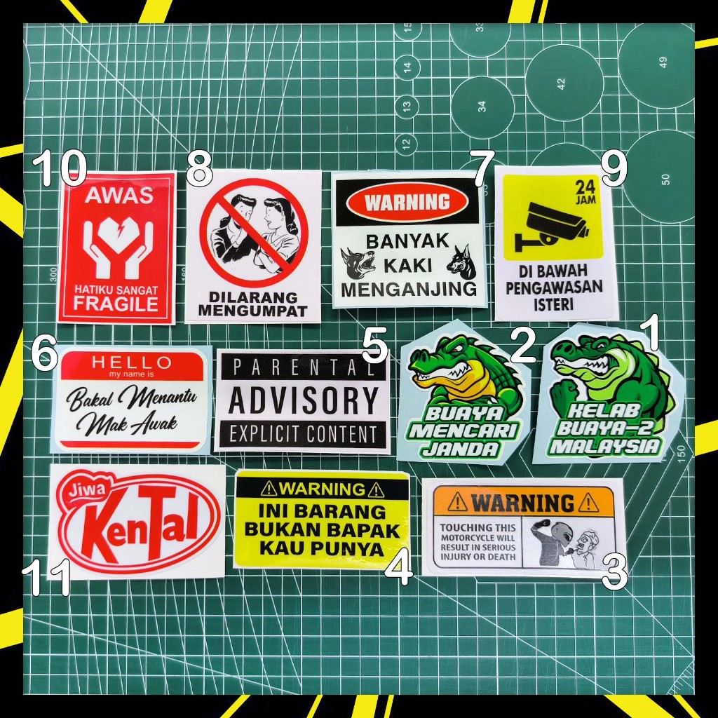 STICKER MOTOR AWAS FRAGILE HENTAL WARNING BUAYA JANDA ADVISORY ...