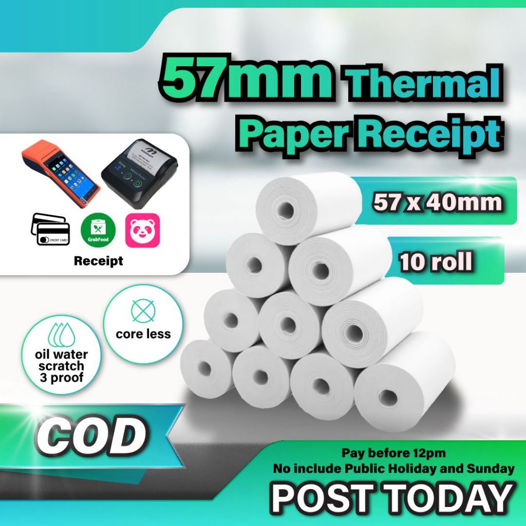 [ 10 Rolls 57X40MM ] Thermal Receipt Paper Coreless 57mm x 40mm Printer ...