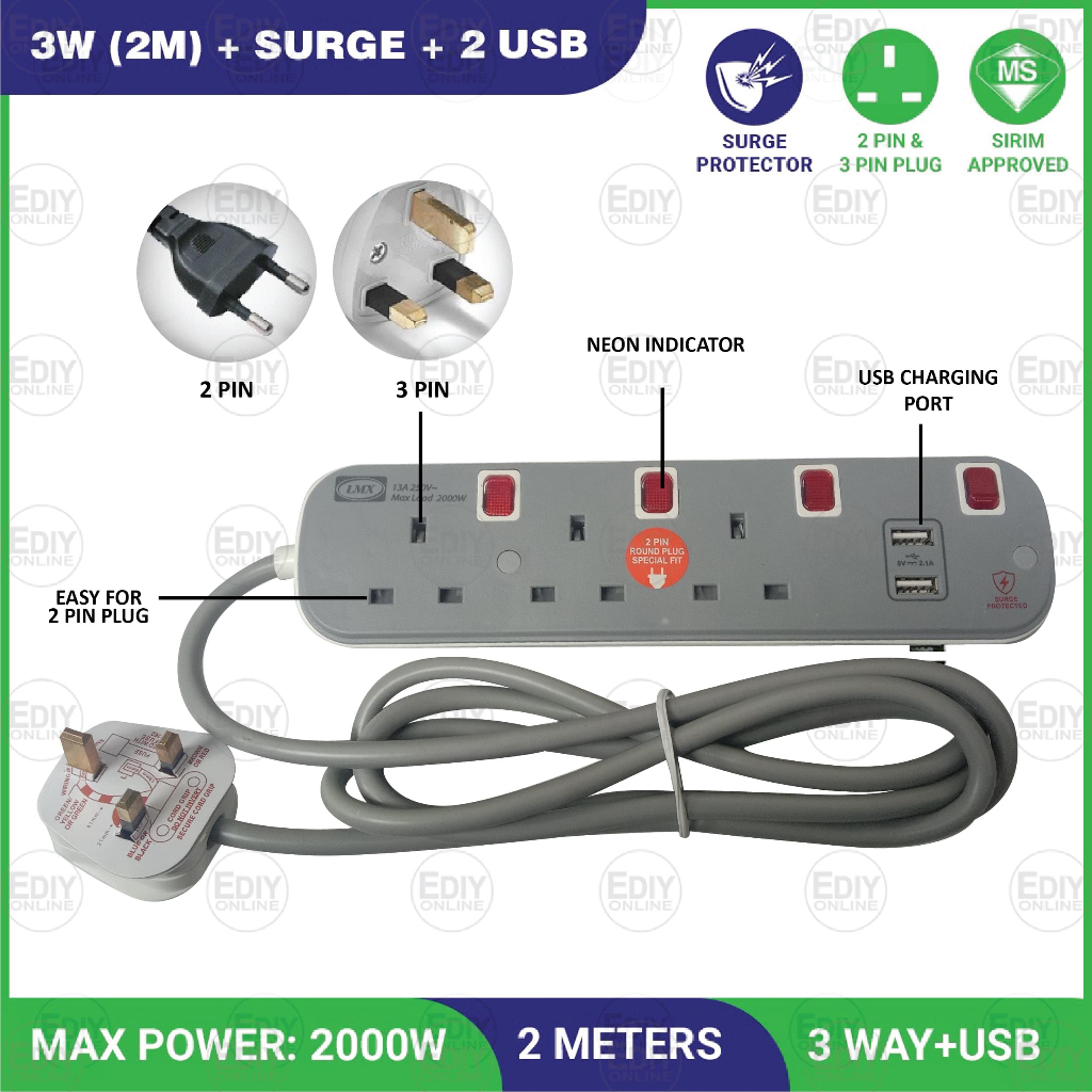 Sirim And Surge Protection 】 Extension Trailing Socket Adaptor Adapter Plug 3 4 5 Gang Long Cable