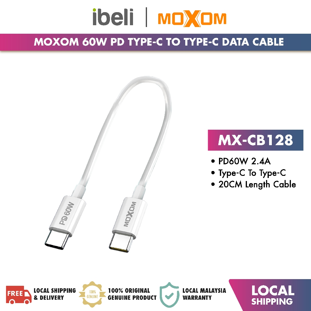 MOXOM MX-CB128 60W PD TYPE-C TO TYPE-C DATA CABLE - WHITE | Shopee Malaysia
