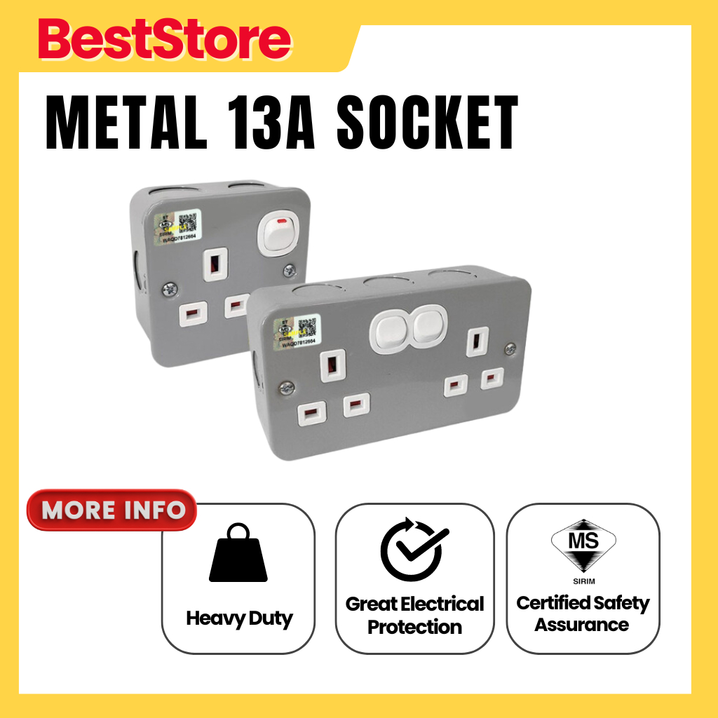 (SIRIM) 13AMP Metal Socket ONLY 13A Heavy Duty Clad Hardcore Switched ...