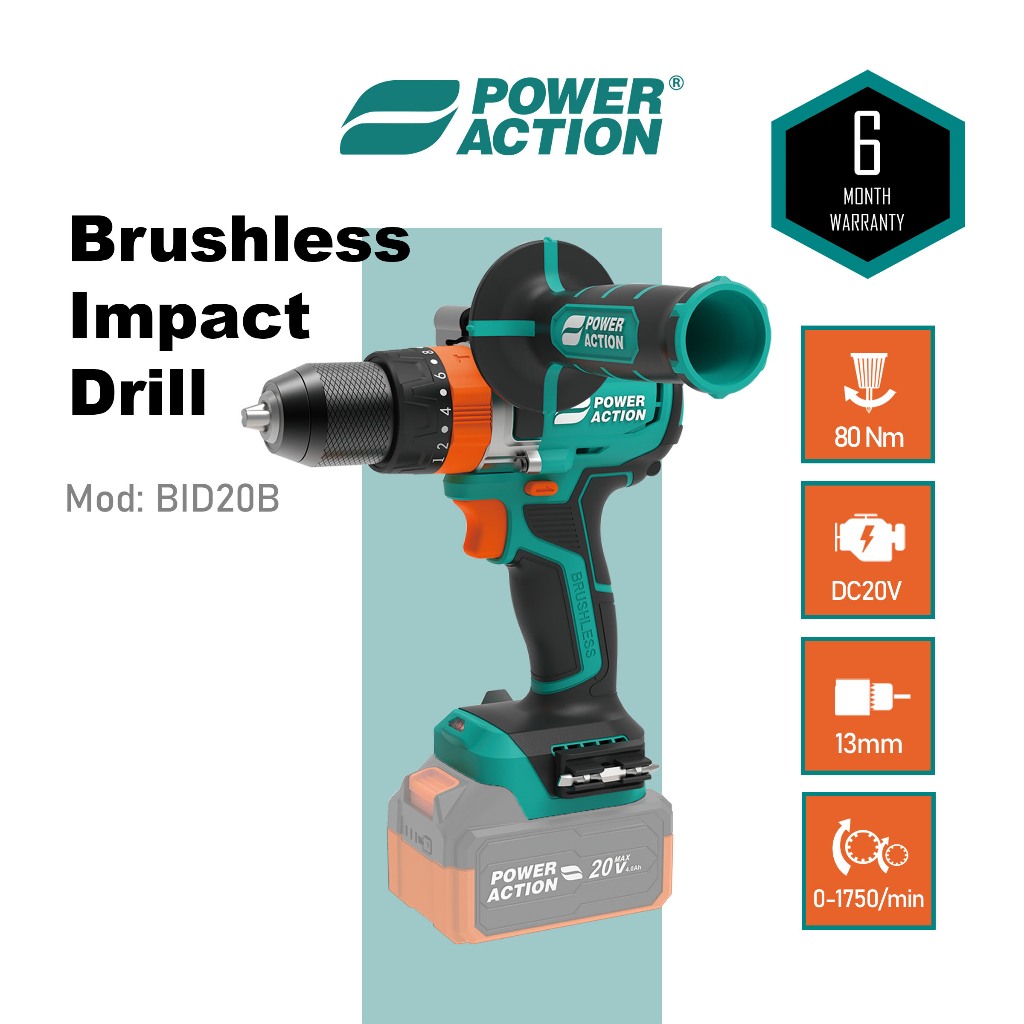 POWER ACTION [13mmMetal Chuck] Brushless Impact Drill - BID20B | Shopee ...