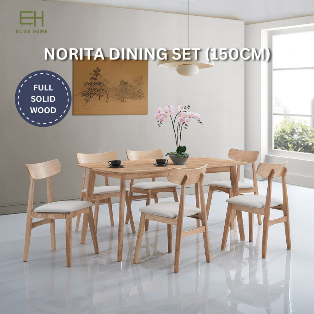 ELISA HOME Solid Wood Norita Dining Table Meja Makan And Dining Chair 1 ...