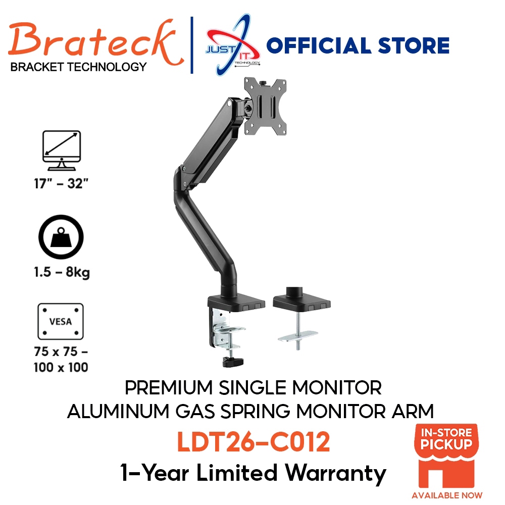 BRATECK LDT26-C012 PREMIUM SINGLE MONITOR ALUMINUM GAS SPRING MONITOR ARM - FOR MOST 17" - 32 ...
