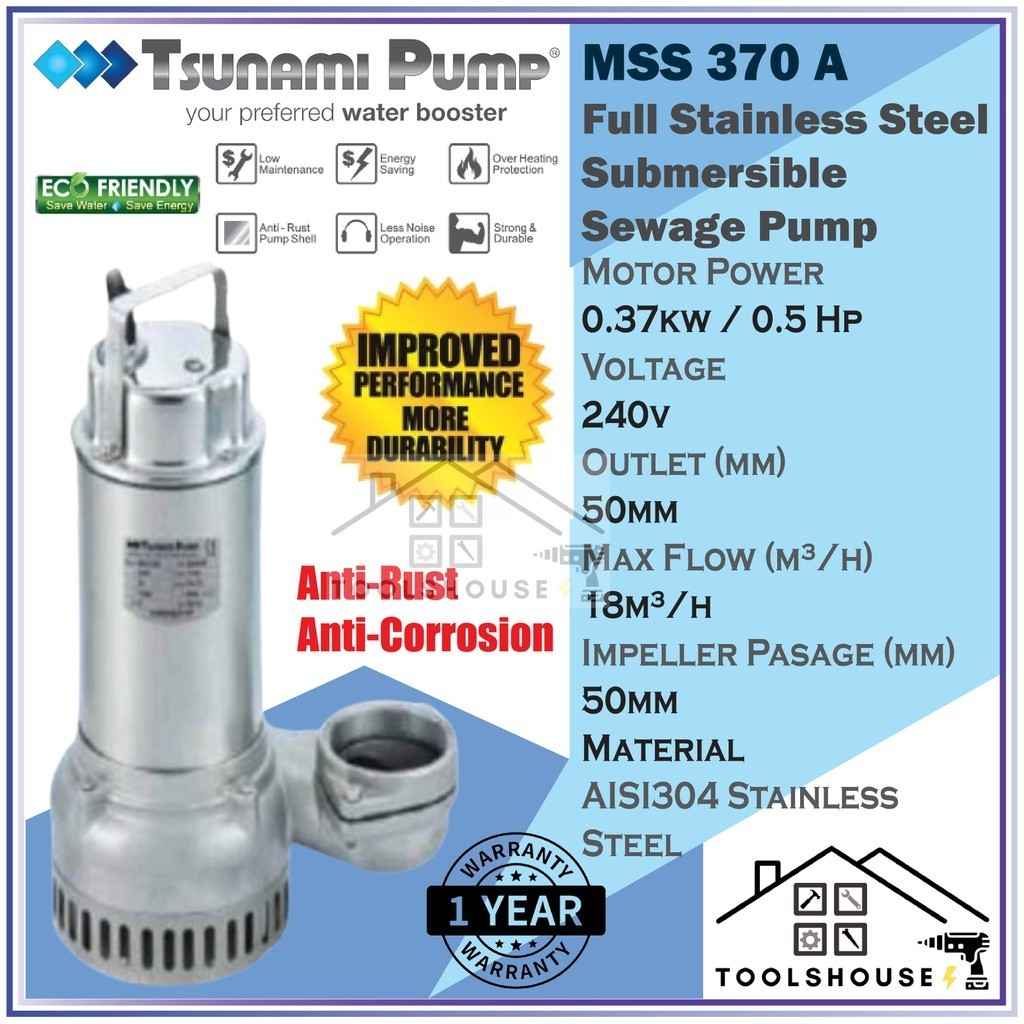 Tsunami Full Stainless Steel Submersible Sewage Pump MSS 370A 全不锈钢潜水排污泵 ...