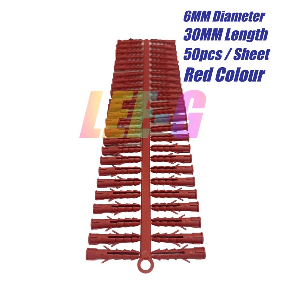 LEE-G Plastic Red PVC Wall Plug 6mm x 30mm (50pcs/sheet) (1 plate x ...
