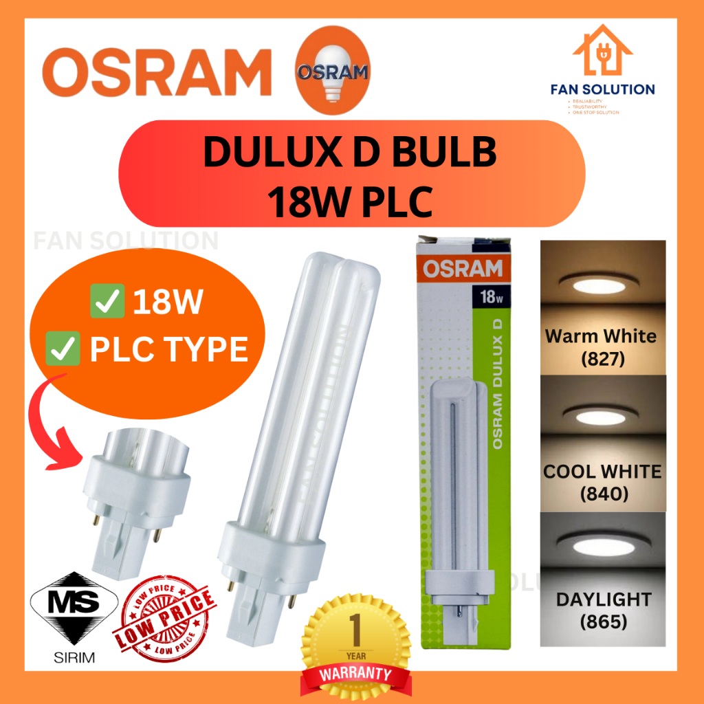 OSRAM DULUX D PLC BULB 18W 2 PIN TYPE (WARM WHITE 827/ COOL WHITE 840/ DAYLIGHT 865) | Shopee ...