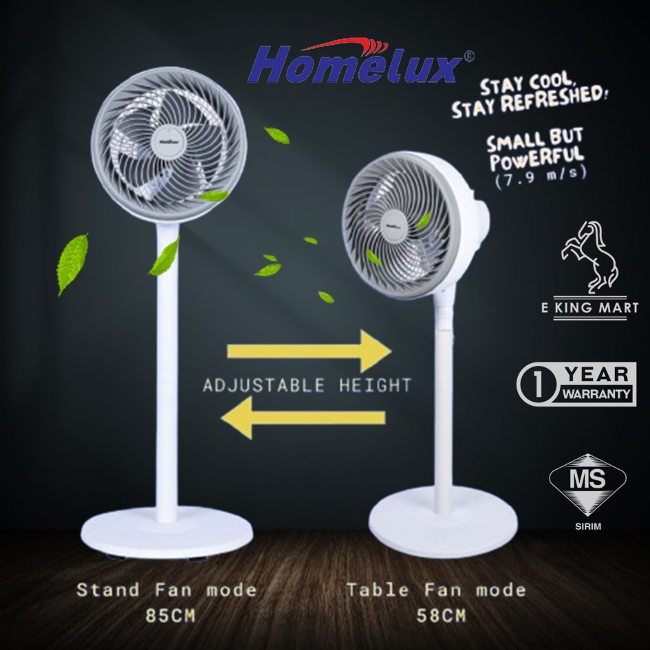 Homelux 8" 12" Turbo Fan Stand Fan Table Fan Powerful 2 In 1 Adjustable HSF-108PW Kipas Berdiri ...