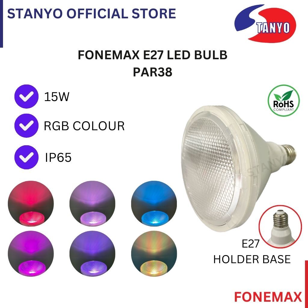 FONEMAX 15W E27 LEB BULB / LAMP RGB/ LAMPU COLOUR RGB PAR38 LIGHT BULB ...