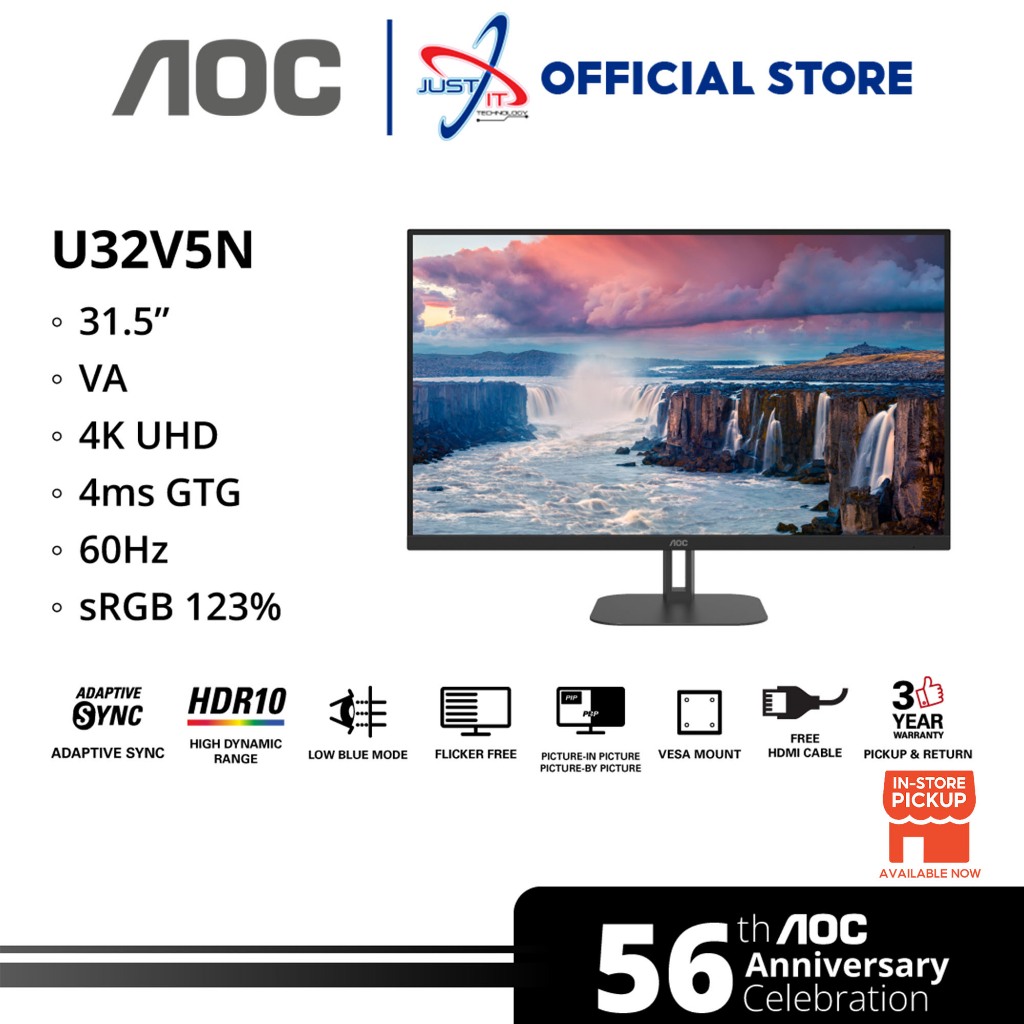 AOC U32V5N 31.5" MONITOR ( 31.5" VA 4K UHD / 4MS / 70HZ / HD MI + DP ...
