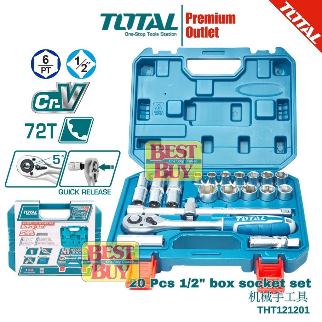 TOTAL Tools 20 Pcs CrV 1/2" box socket set / Automotive repair tools ...