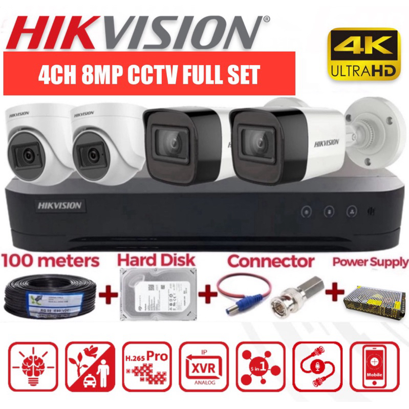 HIKVISION 4 CH 8MP FULL SET 8MP HD CCTV 4CH DVR + CAMERA + 1TB HARD ...