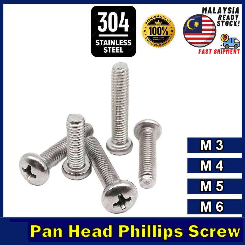 Phillips Pan Head Screw M3 M4 M5 M6 304 Stainless Steel GB818 Skru | Shopee Malaysia